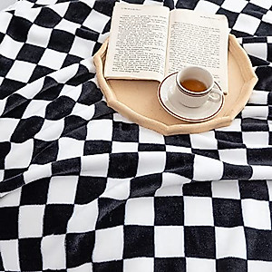 LOMAO Throw Blankets Flannel Blanket with Checkerboard Grid Pattern Soft Throw Blanket for Couch, Bed, Sofa Luxurious Warm and Cozy for All Seasons (Black, 51"x63")
