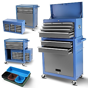 PULLAFUN 8-Drawer Rolling Tool Chest, 2-in-1 Rolling Tool Storage Cabinet with Detachable Top Tool Box, Liner, Universal Lockable Wheels,Tool Cart for Garage Workshop