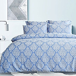 Merryfeel Damask Duvet Cover Set King, Classic Jacquard Duvet Cover Set,3 Pieces Bedding Set-Blue King