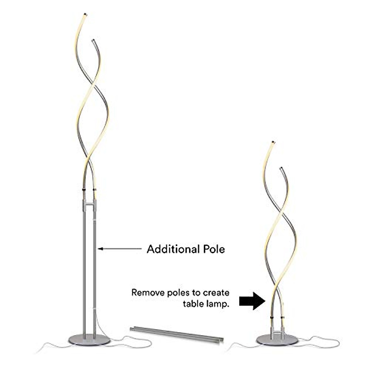 Brightech Embrace Dimmable LED Floor Lamp – Modern Spiral Adjustable Standing Lamp for Living Rooms & Offices – 2-in-1 Tall End Table Lamp for Bedroom Reading - Silver