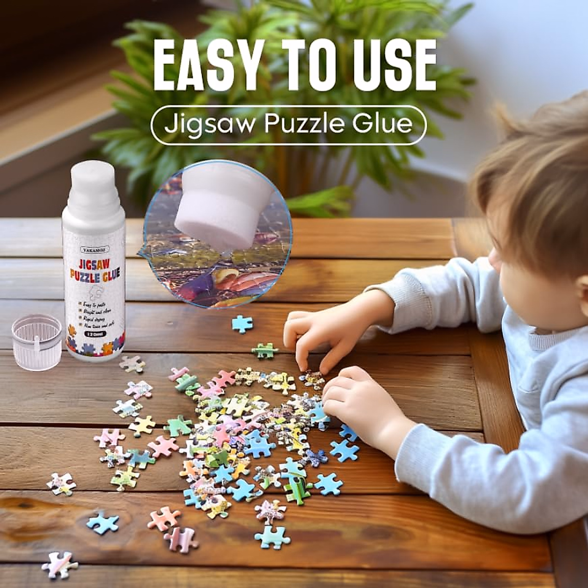 YAKAMOZ Updated Jigsaw Puzzle Glue With New Sponge Head for Adults - Clear Water-Soluble Special Craft Glue, Quick Dry for 1000/1500/3000 Pieces, 120ML