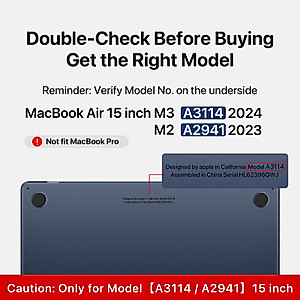 Soonjet Compatible for MacBook Air 15 inch Case 2023 2024 New M3 M2 [100% Match Official Color] [Ultra Thin Armor] Protective Hard Shell Matte Cover for Laptop Model A3114 A2941 - Midnight Clear