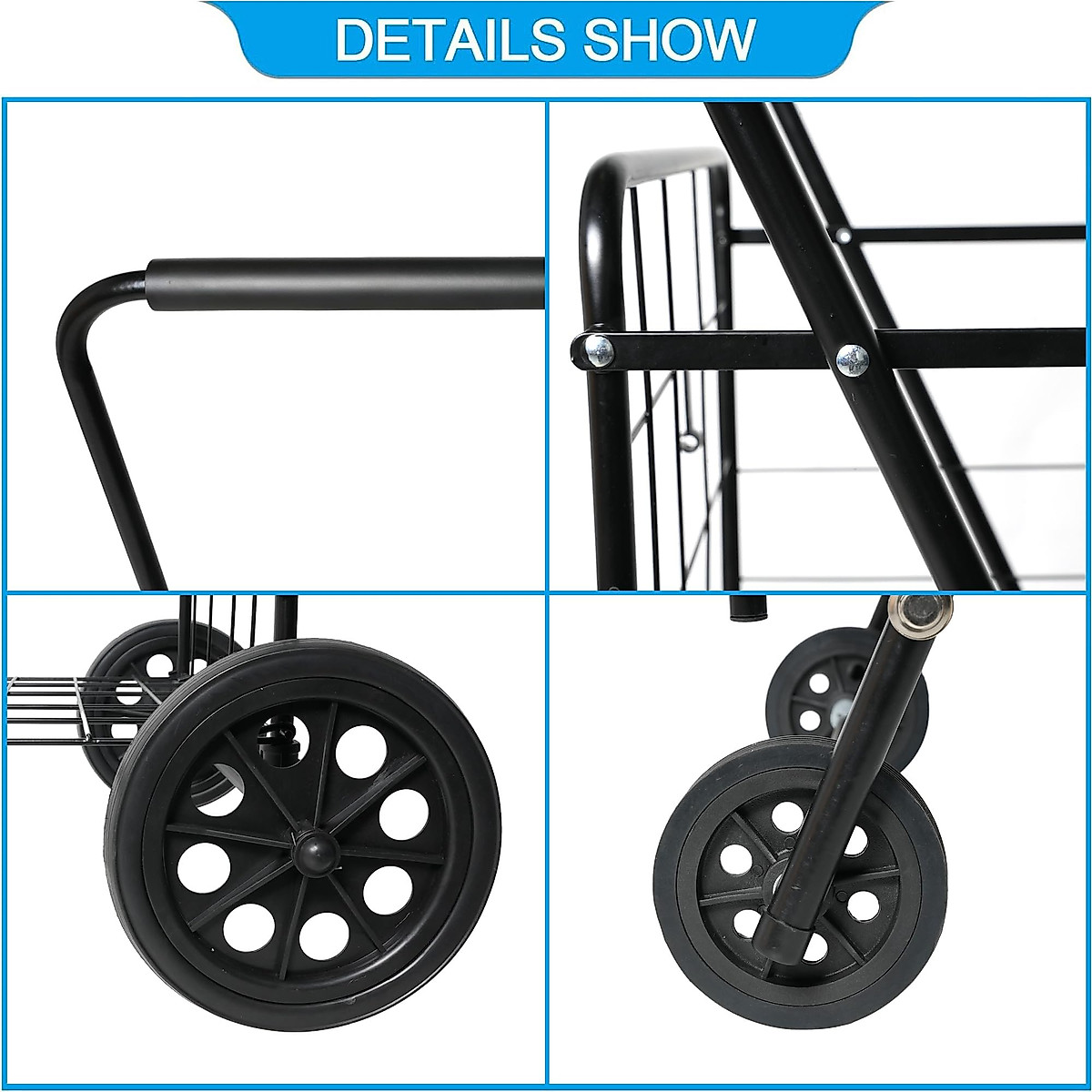 LUCKYERMORE Folding Grocery Shopping Cart with Durable Wheels Collapsible Large Metal Utility Cart for Daily use, Black