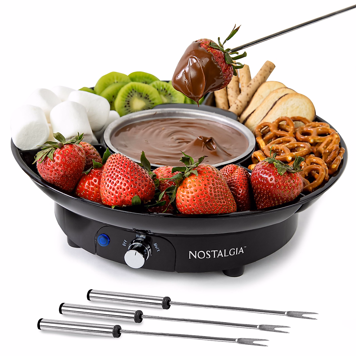 Nostalgia 10 Oz Electric Fondue Pot Set for Cheese & Chocolate - 4 Dipping Forks, 3-Section Food Tray - Kitchen Gadgets and Appliances for H'ors Deouvres, Entrees, Desserts - Black