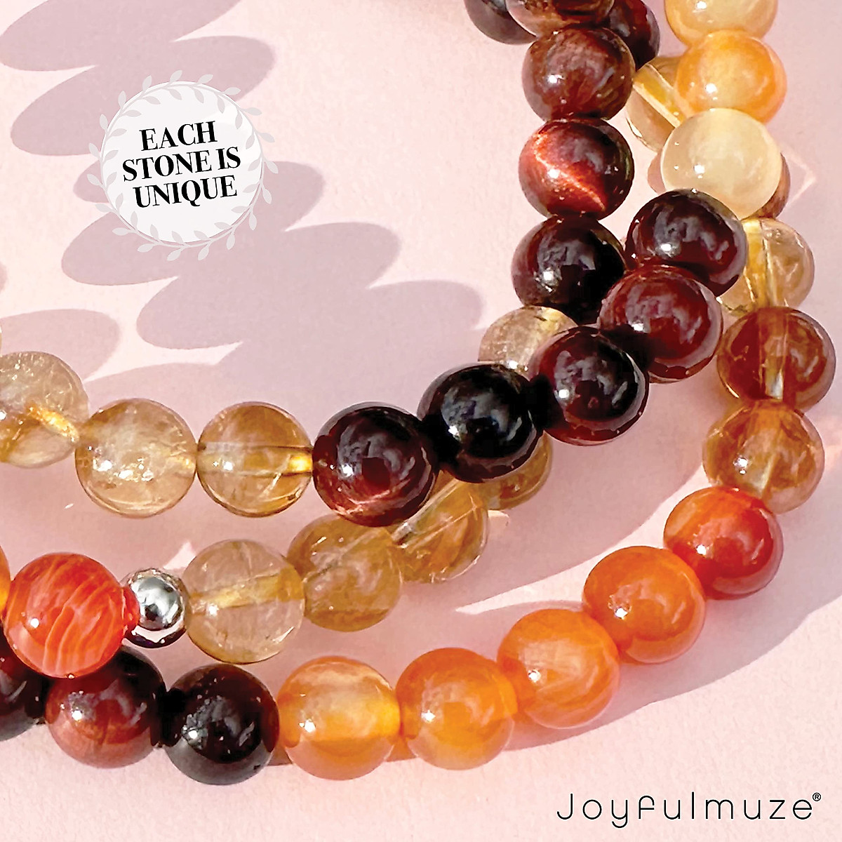 Joyfulmuze Natural Gemstones Stretch Bracelets, Carnelian Quartz, Rutilated Citrine, Red Tiger Eye Stone, Triple Protection Handmade Birthday Gift for Women and Men (Red-Tiger-Eye-Citrine-Carnelian)