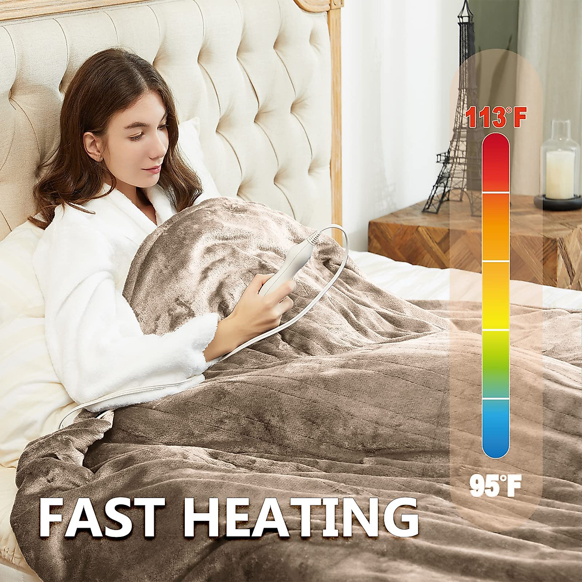 Tefici Electric Heated Blanket Queen Size, Dual Control Super Cozy Soft 2-Layer Flannel 84" x90" Heating Blanket with 3 Heat Levels & 8 Hours Auto Off,ETL&FCC Certified,Home Office Use,Camel