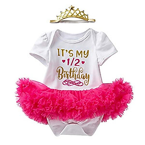 It’s My 1/2 / 1st / 2nd Birthday Outfit Baby Girls Romper Tutu Dress with Ruffle Tulle Skirt + Shiny Crown Headband Cake Smash Dress Clothes 2PCS Set for Photo Shoot Hot Pink 1/2 Birthday 6-12 Months