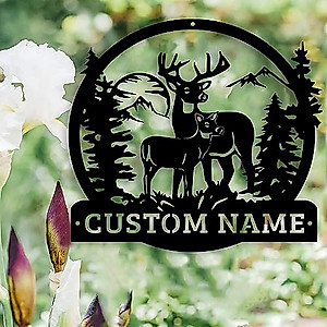 Lymnaraa Deer And Mountain Forest Metal Wall Art Custom Name Sign Outdoor Decor Deer Hunting Metal Wall Hanging Decor Personalized Gift for Family Friend Anniversary Wedding Gift