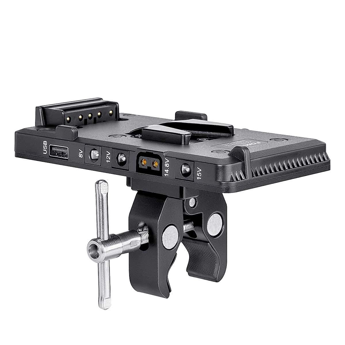 Fomito V-Lock V Mount Battery Adapter Plate with Super Clamp for Lighting Stand,Tripod, Support Rod, with D-TAP/DC/USB Power Output for Camcorder, DSLR Camera, LED Video Light, Monitor, Microphone