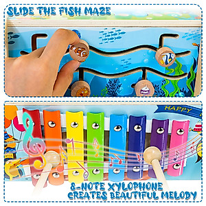 WOODMAM Montessori Toys for 1 Year Old, 7-in-1 Wooden Hammering Pounding Toy with Xylophone and Magnetic Fishing Game, Educational Gift for Boys and Girls 1 Year Old