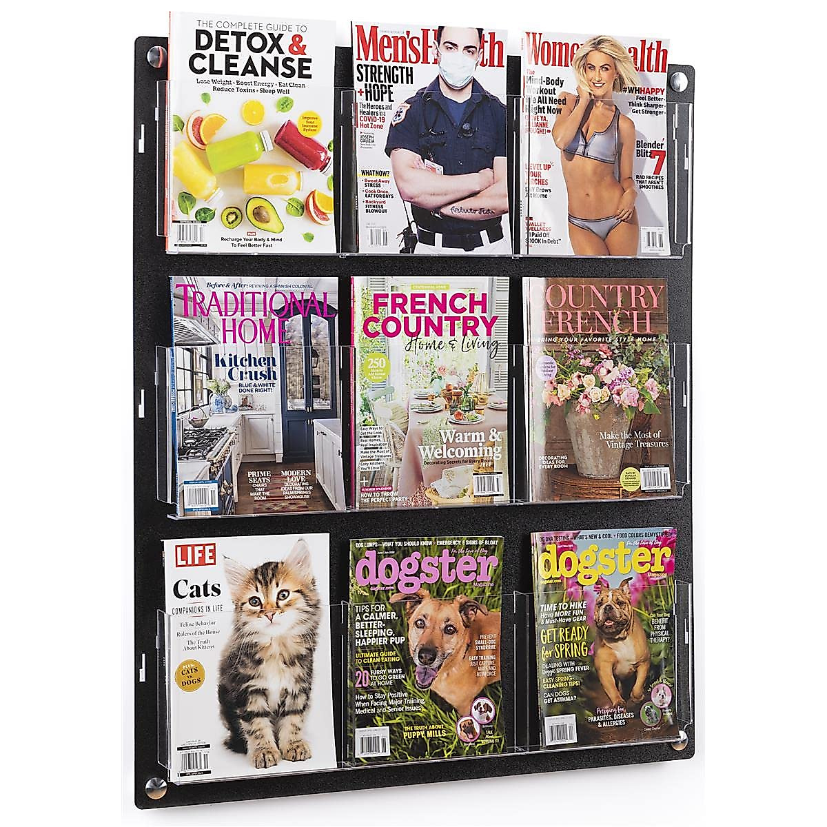 Displays2go Wall Mount Acrylic Brochure Holder, 9-18 Adjustable Pockets, Tiered Design - Black (2RP9BLK)