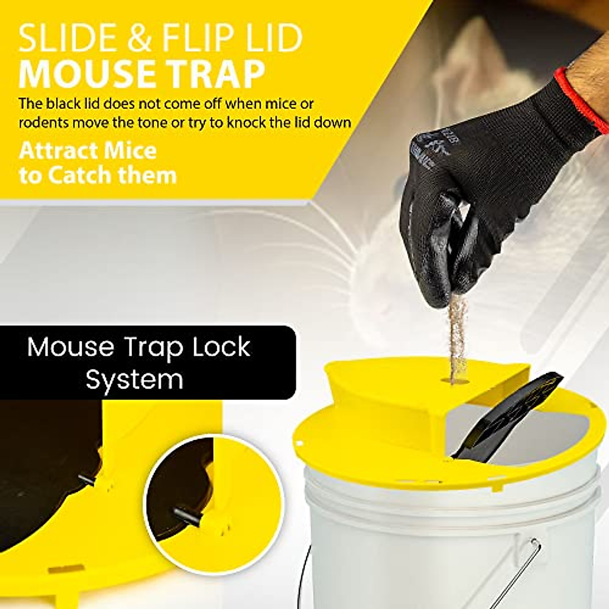 BEHYSH Mouse Trap Bucket Lid Reinforced with Greater Stability and Security - Reusable Smart Mice Trap Multi Catch - Kit Rat Trap Bucket lid Magic Reset Auto Flip and Slide - Double Coated ​Gloves