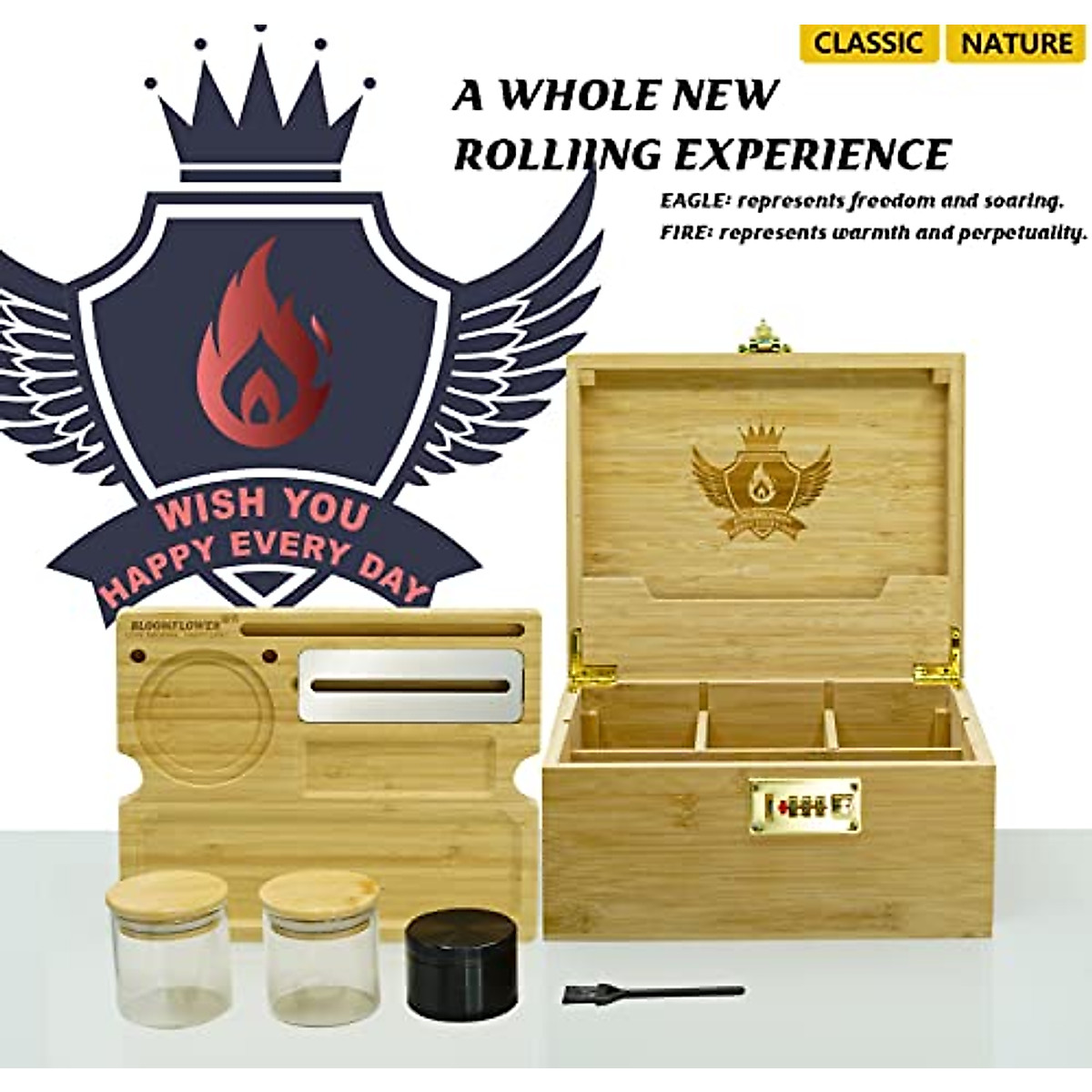 Large Stash Box with Rolling Tray and 5 Accessories,Divider management space,Luxury Gift Set ,Wooden Storage Set with Lock for Storage Items