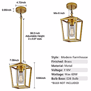 SGLfarmty 1-Light Gold Pendant Light, Farmhouse Cage Pendant Lighting Fixture for Kitchen Island, Lantern Pendant Lights Brass Finish with Glass, Modern Geometric Hanging Light for Foyer, Entryway