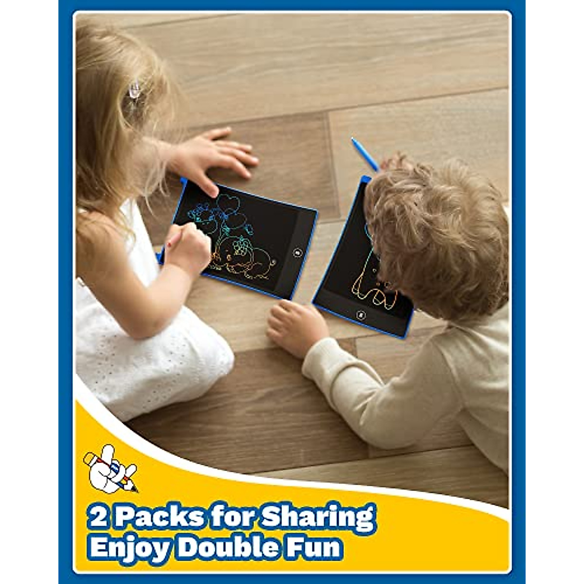 TEKFUN 2 Pack LCD Writing Tablet with 4 Stylus, 8.5in Erasable Doodle Board Mess Free Drawing Pad for Kids, Car Trip Educational Toys Birthday for 3 4 5 6 7 Girls Boys (2*Blue)