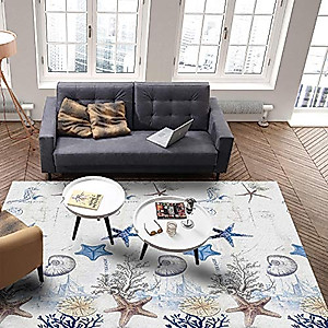 2x3ft Large Area Rugs for Living Room, Nautical Tropical Ocean Collection Area Runner Rugs Non Slip Bedroom Carpets Hallways Rug, Outdoor Indoor Nursery Rugs Décor, Anchor Starfish Shell Seahorse