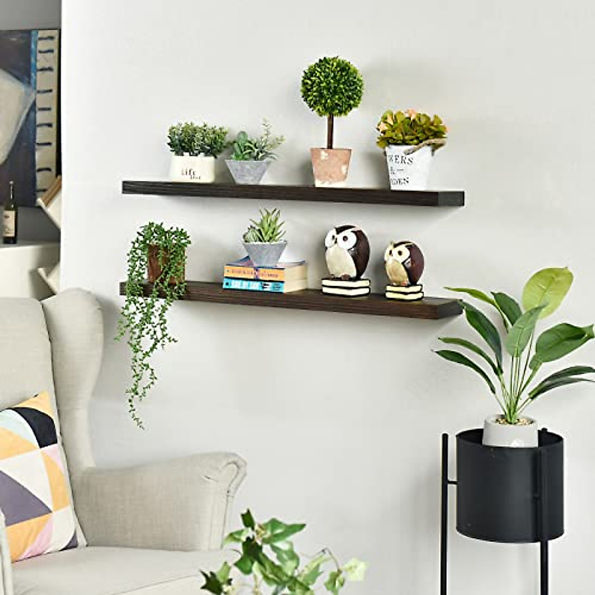 WELLAND Bradley Brown Floating Shelves Set of 2 Handmade Wood Wall Shelves Rustic Wall Mounted Shelves 5" Deep Narrow (Dark Brown, 36 inch)