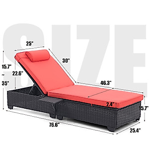 SoarFlash Wicker Chaise Lounge Set of 4, Outdoor Patio Lounge Recliner Chair with Adjustable Backrest,Side Shelf for Garden Yard Poolside,Red