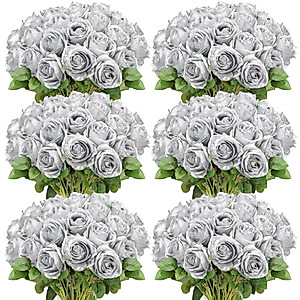 50 Pcs Artificial Rose Flower Realistic Silk Roses with Stem Bouquet of Flowers Plastic Flowers Real Looking Fake Roses for Home Wedding Centerpieces Party Decorations (Silver)