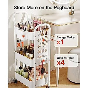 Pipishell 3-Tier Rolling Cart, Metal Utility Cart with Pegboard, Lockable Wheels & U-Shaped Handle, Storage Cart with 2 Hanging Cups & 4 Hooks for Living Room, Bedroom, Kitchen, Office (White)
