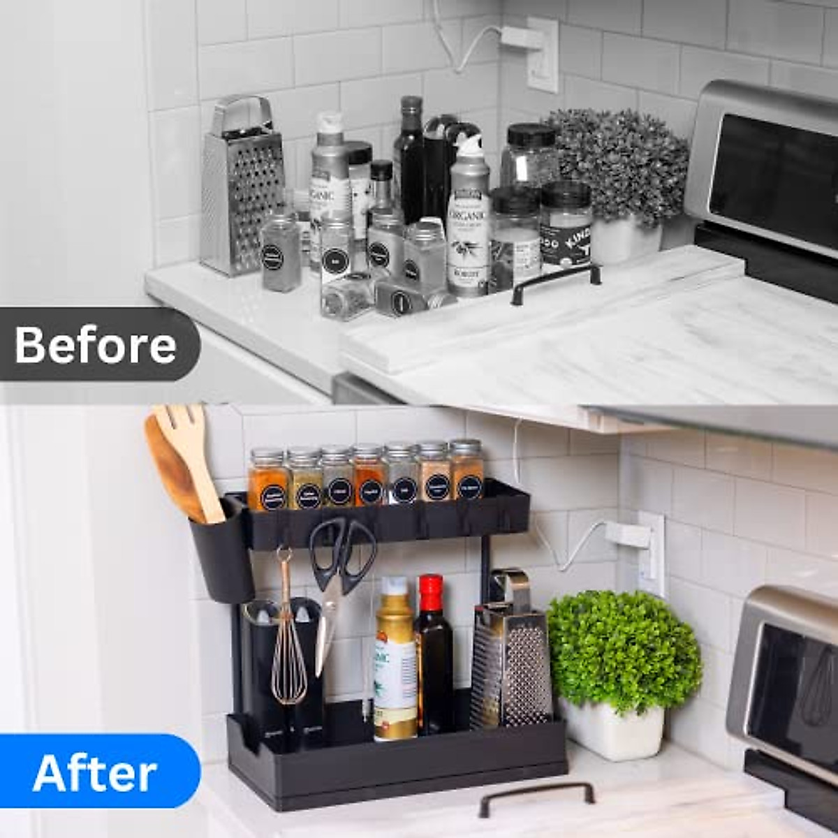 2 Sets of 2 -Tier Multi-Purpose Under Sink Organizer and Storage, Adjustable Height Pull Out Under Sink Kitchen Bathroom Cabinet with 8 Hooks and 2 Hanging Cup, Kitchen Sink Splash Guard