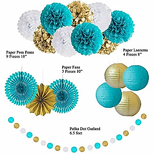ANSOMO Teal Blue and Gold Party Decorations Turquoise Aqua Paper Fans Lanterns Tissue Pom Poms Bridal Baby Shower Birthday Wall Hanging Decor Wedding Graduation
