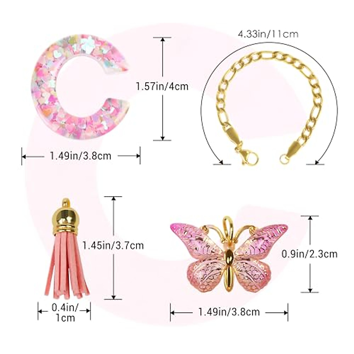 Vmini Letter Charms Accessories for Stanley Cup with Handle, Pink Initial Charm for Bogg Bag, Cute Keychain Handle Charm Decor for Stanley & HydroJug & Brumate Tumbler with Pink Butterfly & Tassel (C)