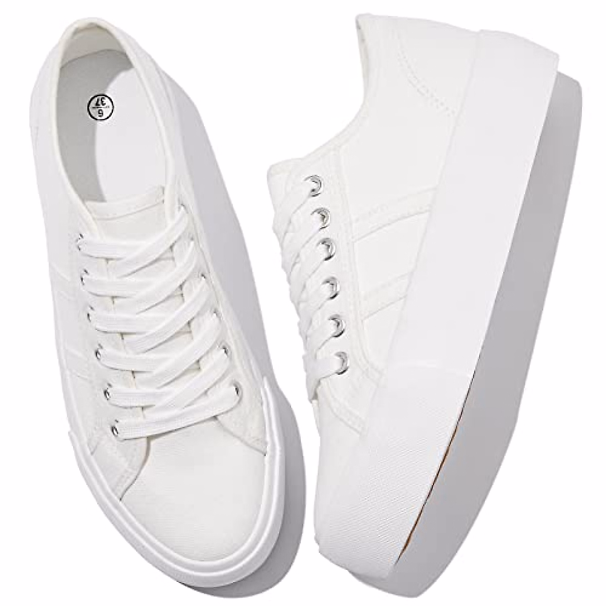 Waluzs Platform Sneakers for Women Low Top Platform Shoes Lace Up Womens Canvas Shoes Breathable White Tennis Shoes (White,US5)