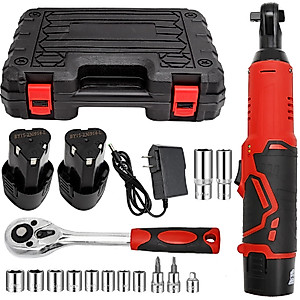 Hoypeyfiy 3/8" Cordless Electric Ratchet Wrench, 12V 40Ft-lbs Power Ratchet Tool Kit with 400RPM, 2 Packs 2.0Ah Lithium-Ion Batteries, 10 Sockets, LED Light