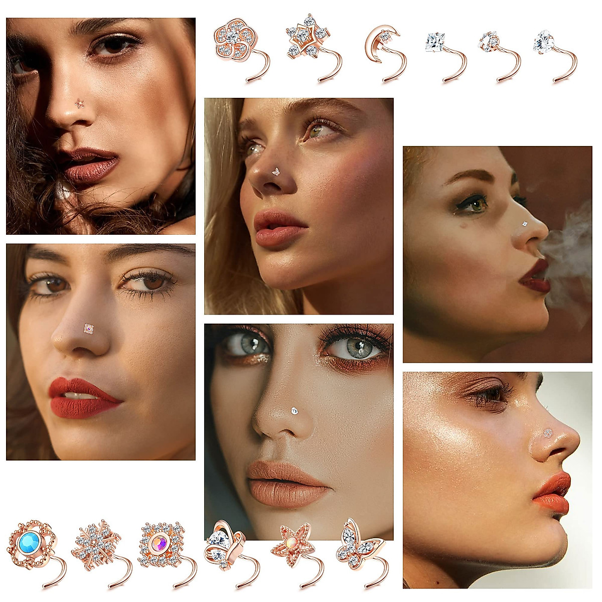 Ubjuliwa 12Pcs 20G Stainless Steel Nose Rings Stud for Women Screw L Shaped Nose Studs Cubic Zirconia Moon Star Snowflake Flower Butterfly Nose Piercing Stud