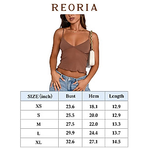 REORIA Women's Summer Sexy V Neck Sleeveless Adjustable Spaghetti Strap Sheer Mesh See Through Going Out Trendy Cami Camisole Y2k Crop Tops Coffee Small