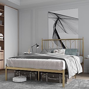 IDEALHOUSE Metal Bed Frame, Queen Platform Bed with Modern Style Headboard and Mattress Foundation with Spacious Underbed Storage, Spring Needed, Easy Assembly, Gold