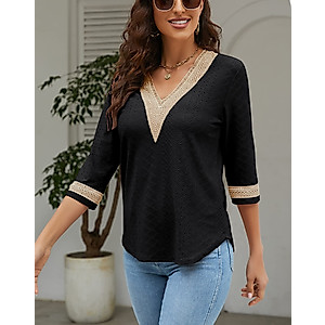 LIOFOER Women's Casual 3/4 Sleeve Shirts Lace V Neck Color Block Dressy Tops Trendy Hollow Floral Blouses T Shirts S-XXL Black