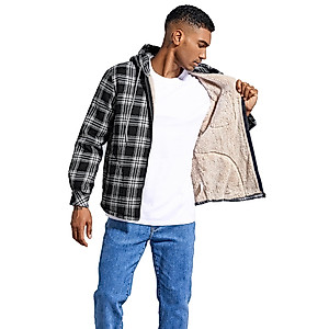 Elesuit Men's Flannel Shirt Jacket Plaid Full Zip Hoodie Fleece Lightweight Jacket Warm Winter Casual Thick Coats Black Large
