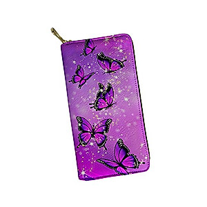 COEQINE Purple Butterfly Print Purse Long for Handbags Wallet for Women PU Leather Clutch Zip Around Cards Phone Holder