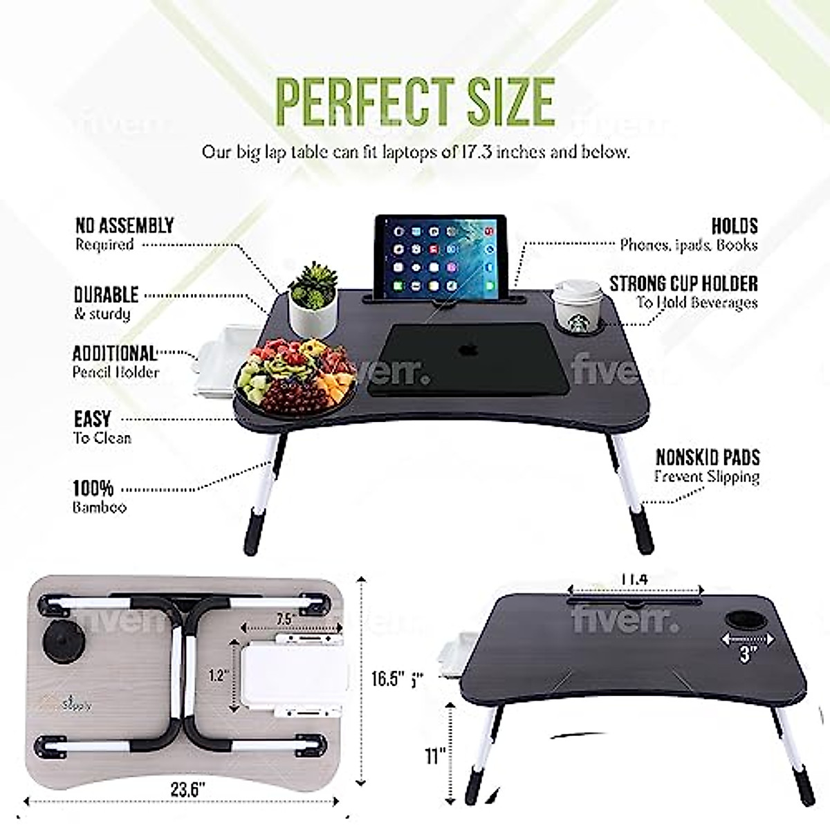 Lap Desk Laptop Stand for Bed, Non Slip Foldable Bed Desk for Laptop, Portable Laptop Desk for Lap Floor Bed Sofa with Cup Holder, Phone and Tablet Slot, Storage Drawer, Fits Up to 17.3 Inch Laptops