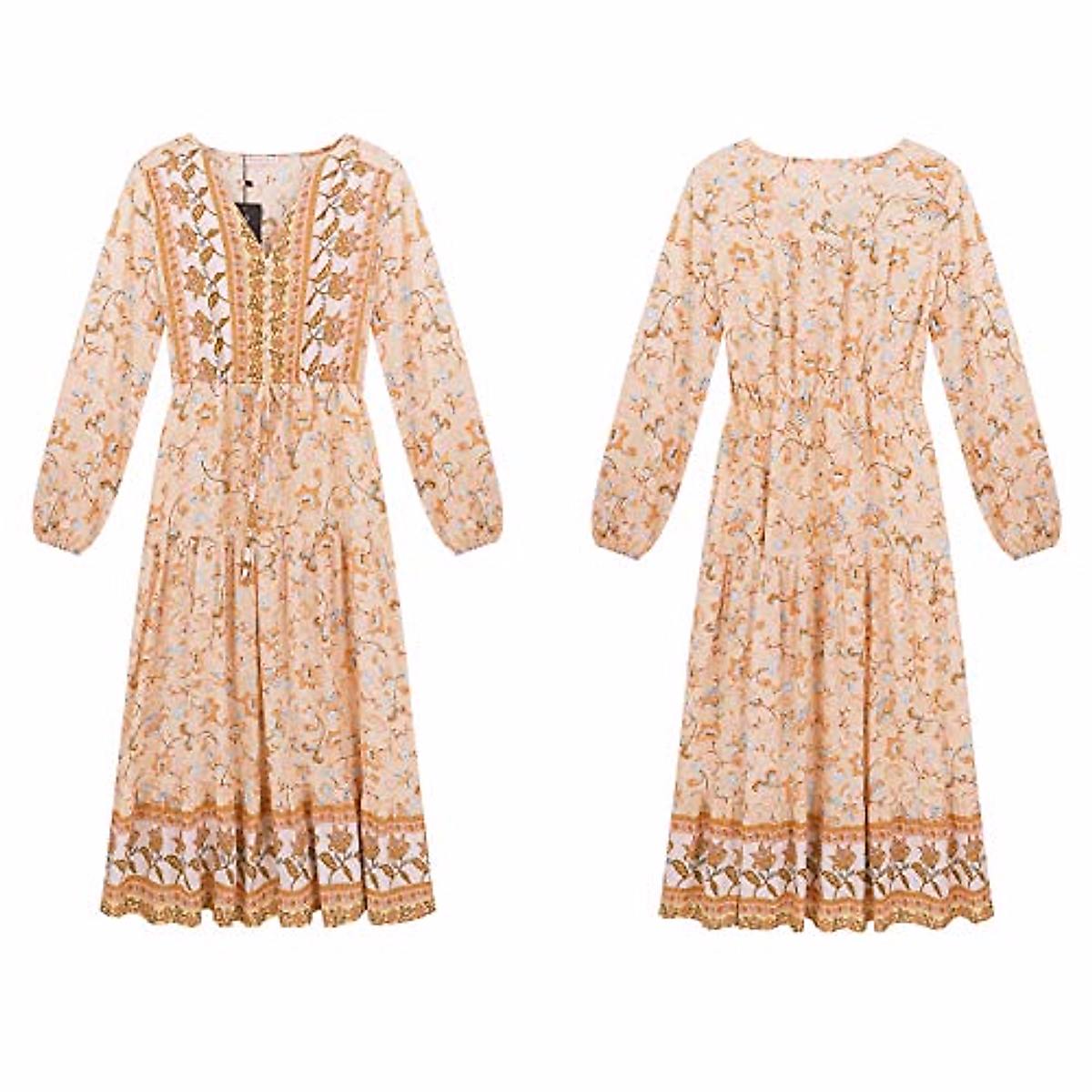 R.Vivimos Women's Long Sleeve Cotton V-Neck Button Up Floral Print Boho Flowy Midi Dresses (Medium, Peach)