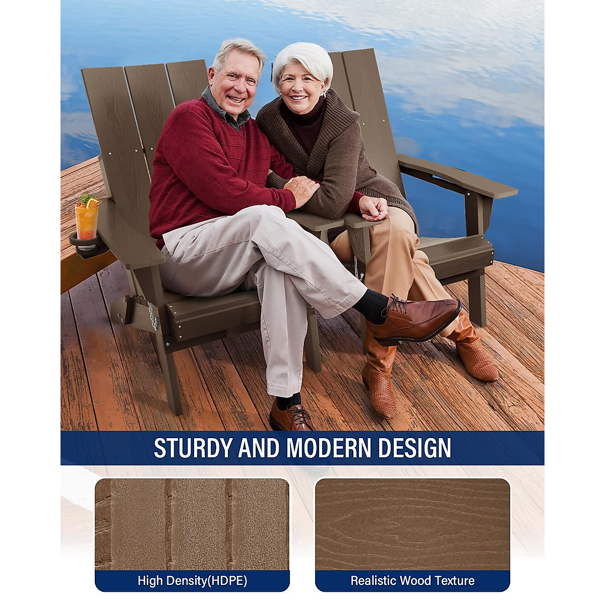 POWERWOOD Modern Adirondack Chair, Oversized HDPE Folding Adirondack Chairs Wood Texture, Higher Back Weather Resistant Adirondack Chair Set with Cup Holder, Fire Pit Chairs for Outdoor Patio (Teak)