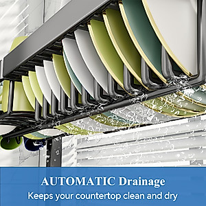 Dish Drying Rack, Over The Sink Dish Drying Rack Length Adjustable (From 33.8" to 41.5"), 2 Tier Large Dish Rack with Cup Holder Utensil Holder Caddy, Kitchen Counter Dish Drainer Organizer, Black