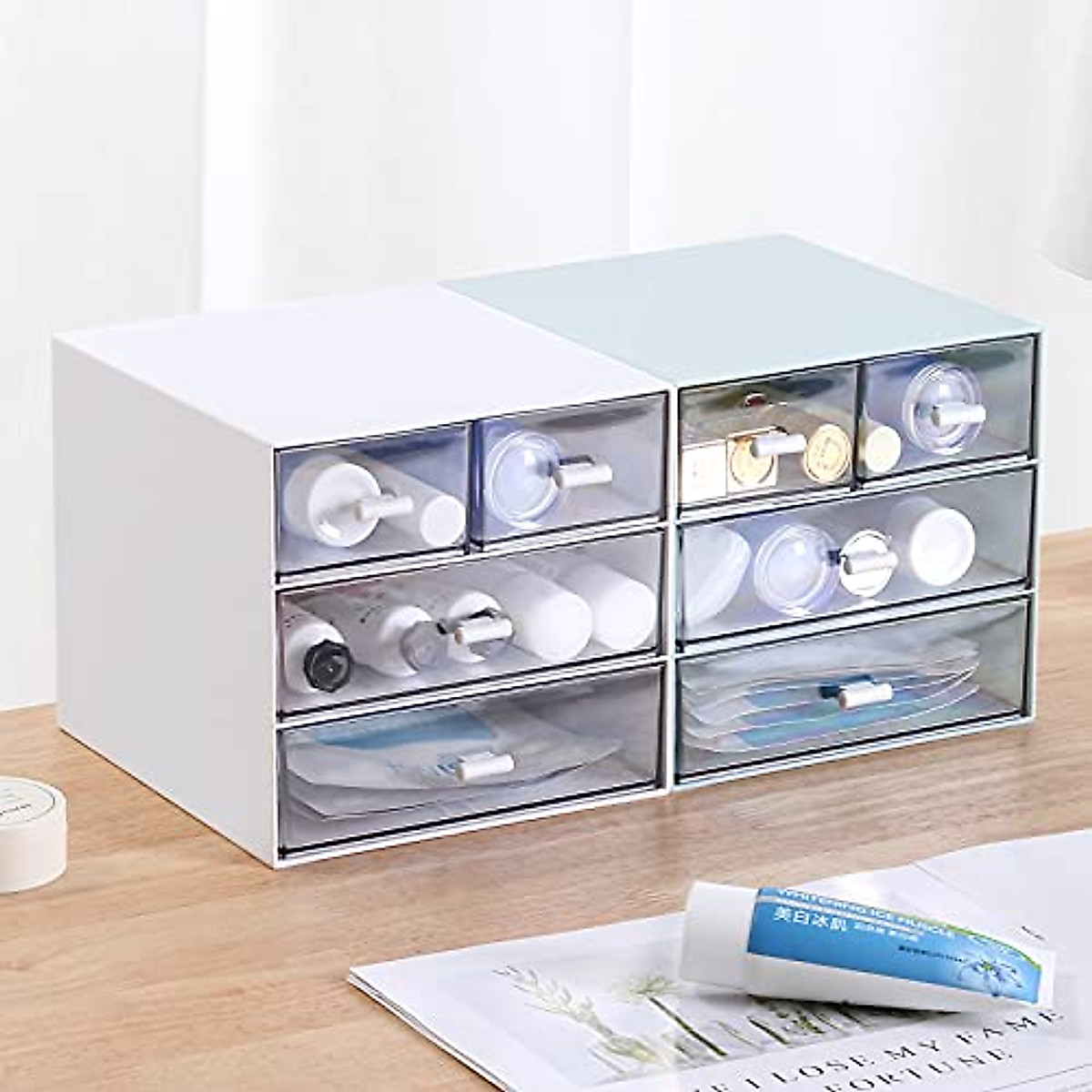 Comix Desk Organizer with Drawer, Desk Storage Box with 4 drawers, Plastic Office Stationery Supplies Organizers, Desktop Organizer for Office School Home (White)