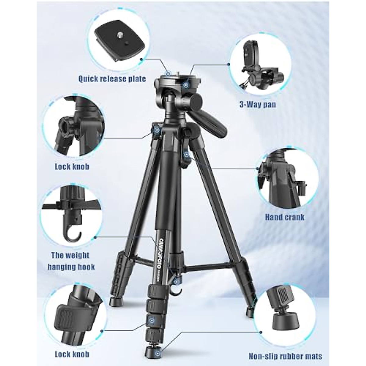 CAMBOFOTO 62"-Camera-Tripod, Lightweight Travel Compatible DSLR/Phone/Camcorder, Aluminum Tri Pod with Holder and Travel Bag. (Black, Weight 2.8Lb, Max Load 4.9 Lb)