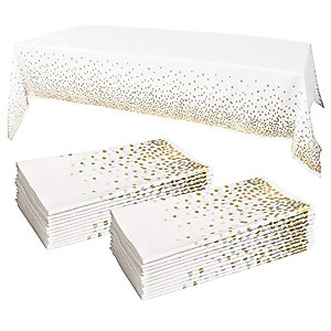 White Plastic Tablecloths - 12 Pack - 54 X 108 | Gold Dot Disposable Tablecloths | Plastic Tablecloth | White Tablecloths | Plastic Table Cover | Paper Tablecloths For Bbq, Party, Fine Dining, Wedding