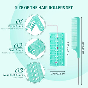 Syhood 12 Pieces Snap Hair Roller, Large Size Plastic Hair Rollers Curlers with Rat Tail Comb for Hairdressing Styling Tools(6.8 x 2.5 cm,Light Green)