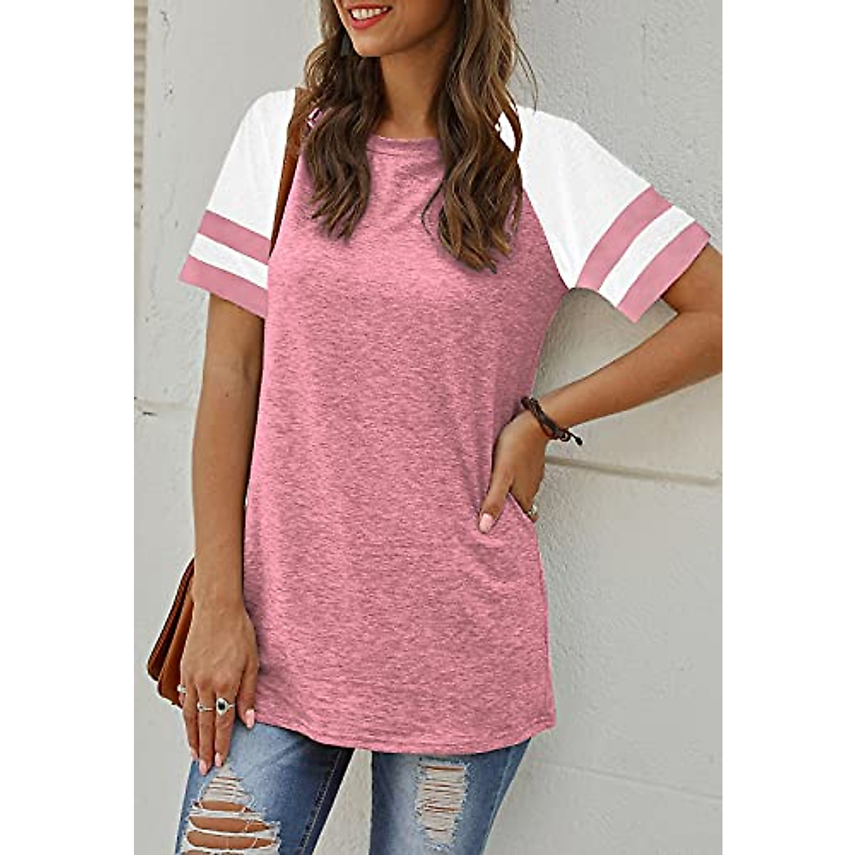 Adibosy Women Summer Casual Shirts: Short Sleeve Striped Tunic Tops - Ladies Loose Crew Neck Tee Tshirt Blouses Pink L