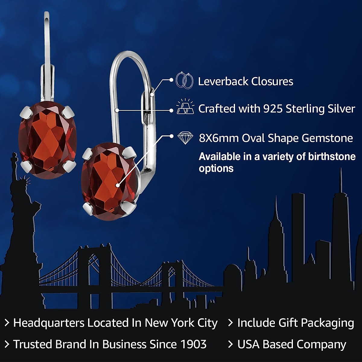 Gem Stone King 925 Sterling Silver Genuine Gemstone Birthstone Leverback Earrings | Oval 8X6MM Drop Dangle Earrings for Women