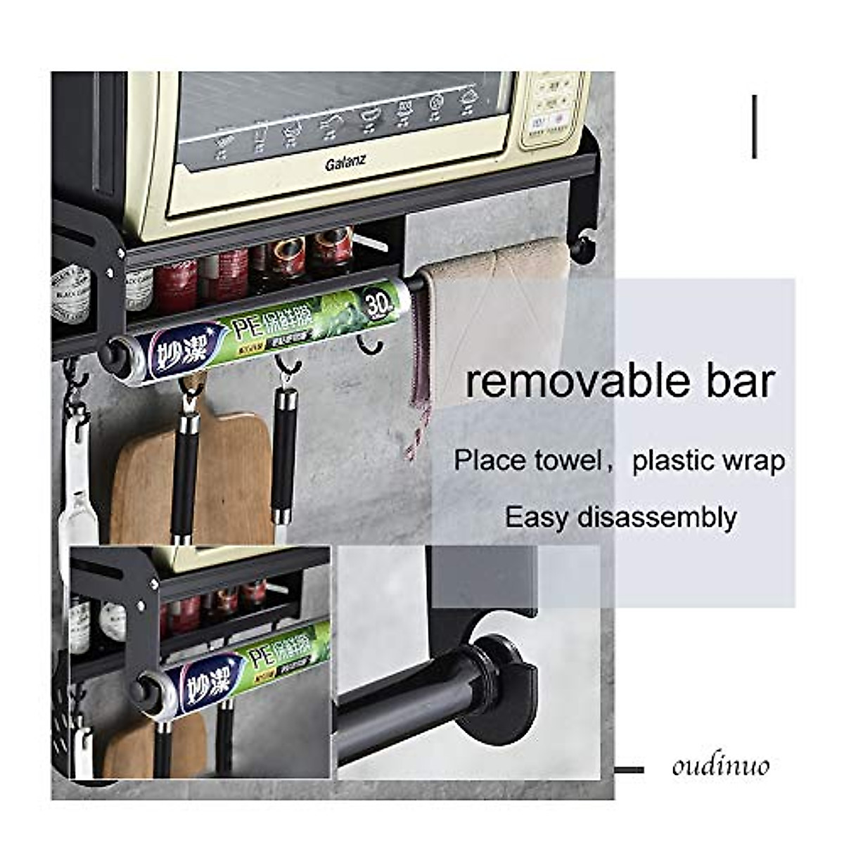 OUDINUO Merry Christmas Black Multifunctional Double Bracket Aluminum Microwave Oven Wall Mount Shelf with 10 Removable Hooks and Fresh Wrapper Rolls Holder