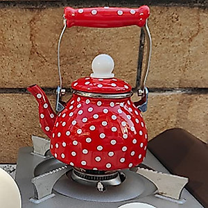 CALLARON Enamel Tea Kettle Enamel Tea Kettle Metal Tea Pot Hot Water Boiling Jug with Wood Filter Coffee Maker Water Warmer Gas Stovetop Teapot for Home Kitchen Winter 1.5L Red