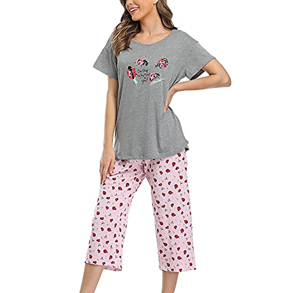 ENJOYNIGHT Womens Pajama Sets Cotton Pj Set Short Sleeve Top With Capri Pants Sleepwear 2 Piece Lounge Set(Large,Grey-Ladybug)