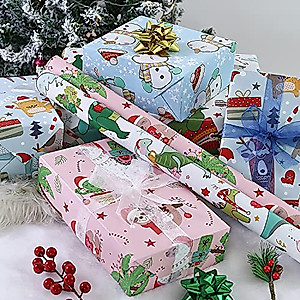 AUCLAY Christmas Wrapping Paper Rolls for Kids Holiday Gift Wrap - Cute Styles Included Dinosaur, Snowman, Santa Animals, Alpaca and Sloth - Pack of 4, 23.6 Inch X 8 Feet per Roll