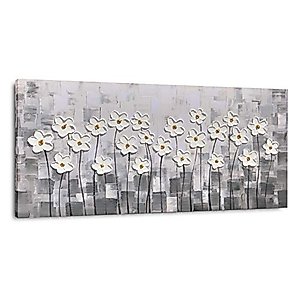 Yihui Arts Canvas Wall Art Grey and White Flowers Pictures Blossom Modern Floral Pallet Knife Painting Framed for Bedroom Kitchen Dinning Room Living Room Office Home Decor